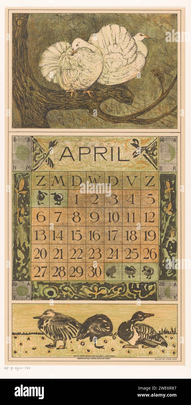 Calendar magazine April with two pigeons, Theo van Hoytema, 1912 print ...