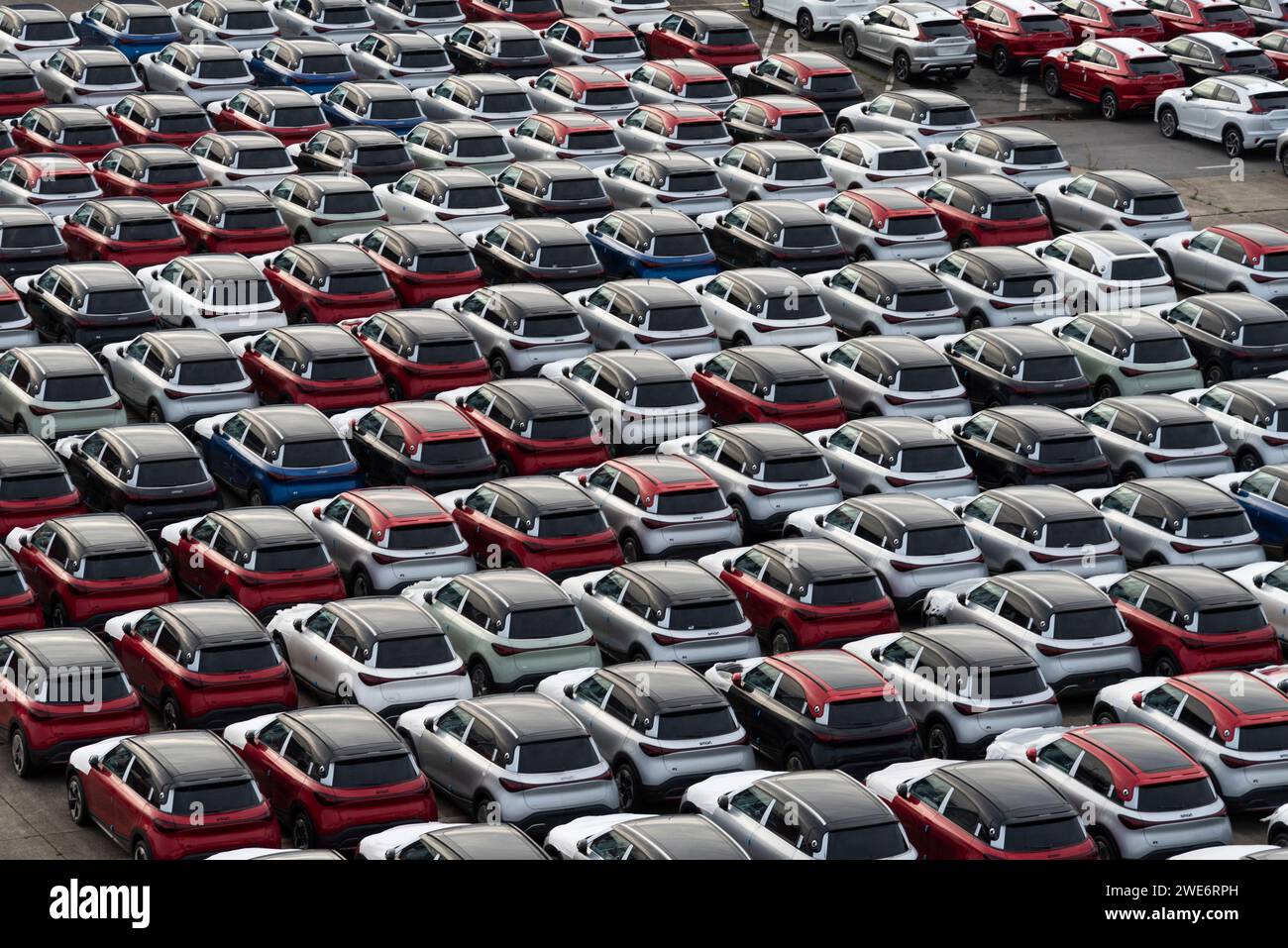 Zeebrugge Belgium Europe. 21.12.2024. New cars parked on the dockside ...