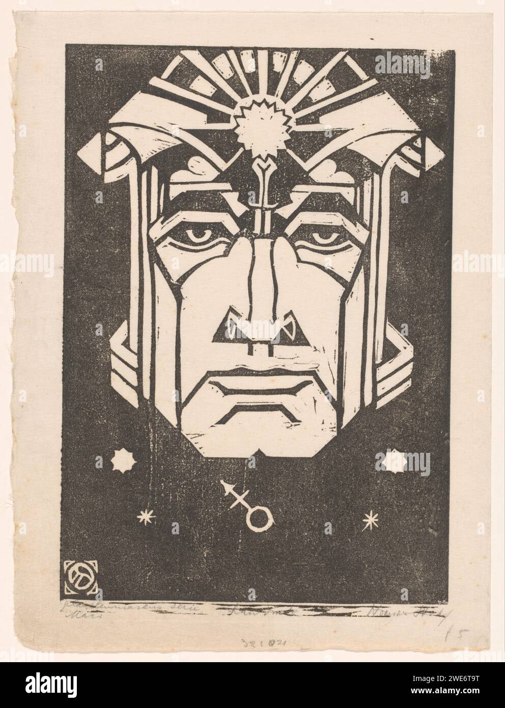 Mars, Henri van der Stok, 1880 - 1932 print A mask with the symbol for ...