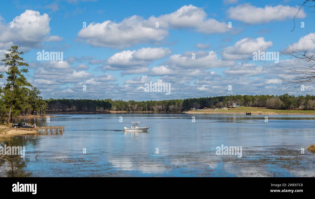 Boat on the Flint Creek Reservoir at Flint Creek Water Park in Wiggins ...