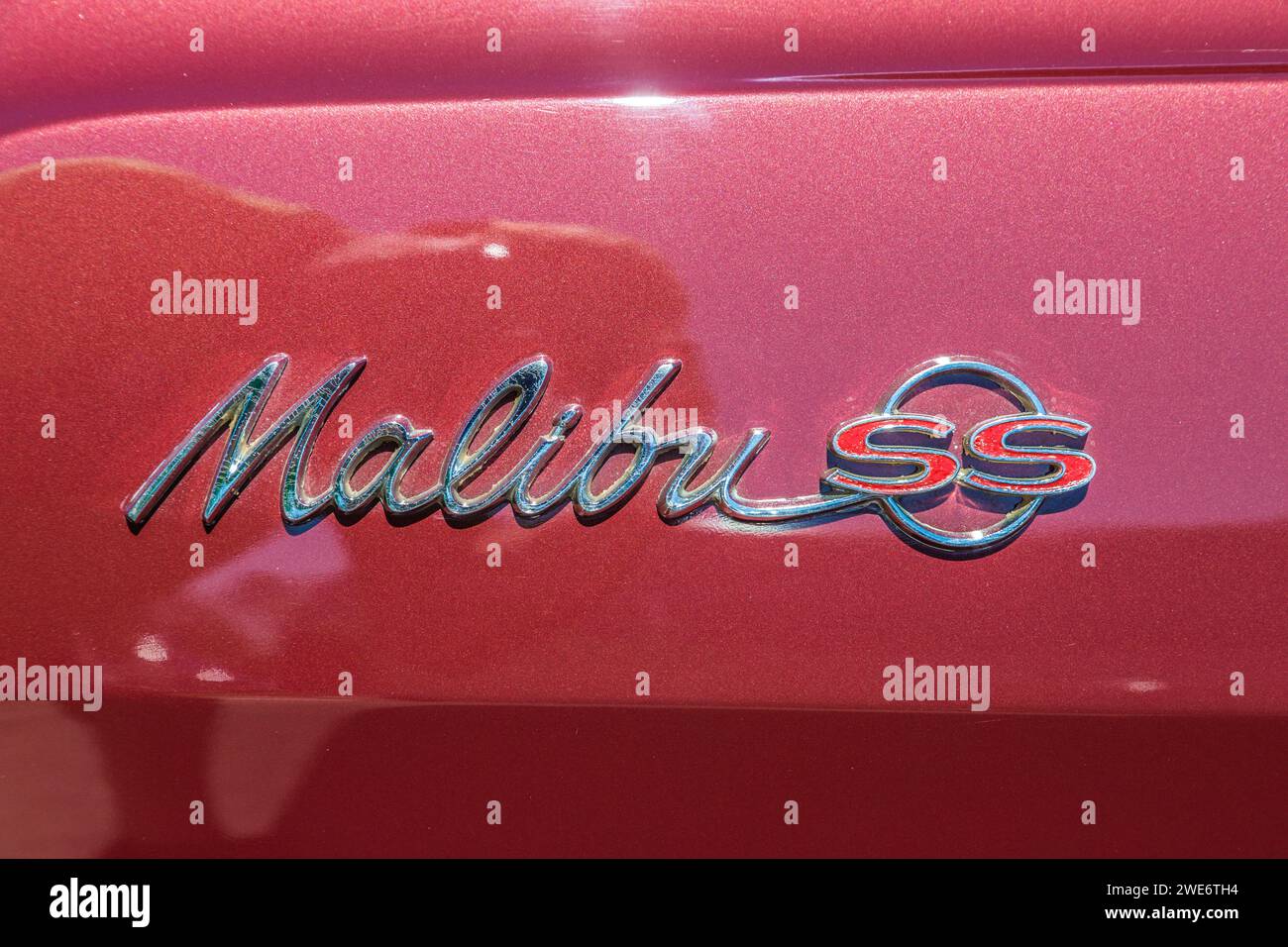 Chevrolet Malibu SS emblem on body of restored classic car Stock Photo ...