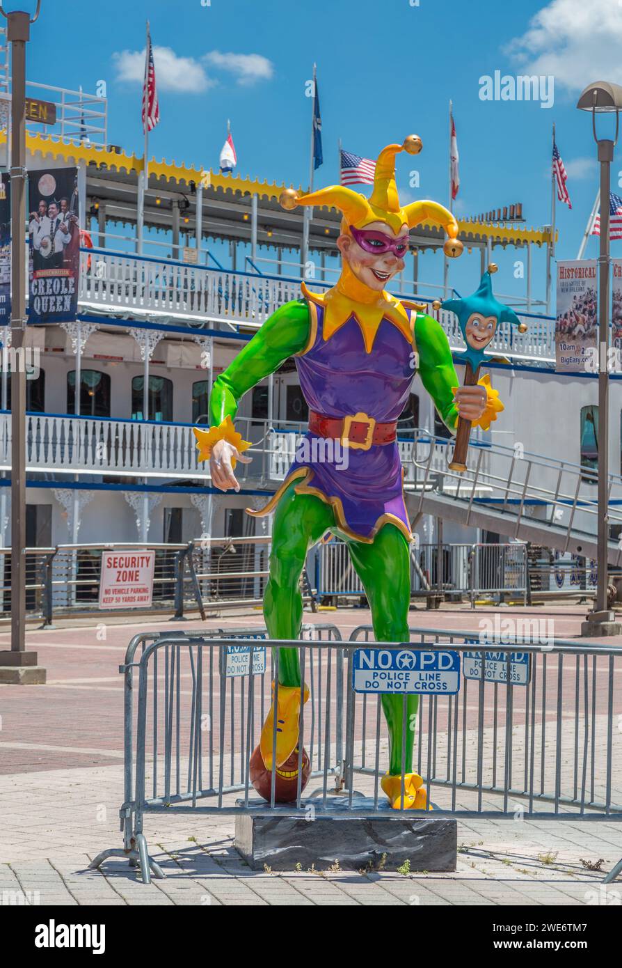 Mardi Gras themed Jester statue in front of the Creole Queen ...