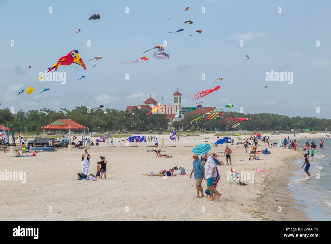 Kites flying over the man-made sand beach in Long Beach, Mississippi ...