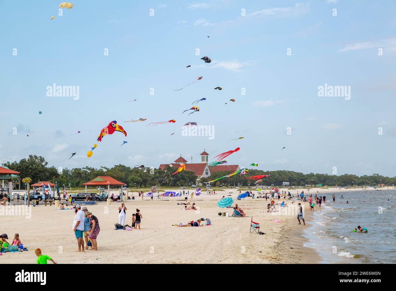 Kites flying over the man-made sand beach in Long Beach, Mississippi ...