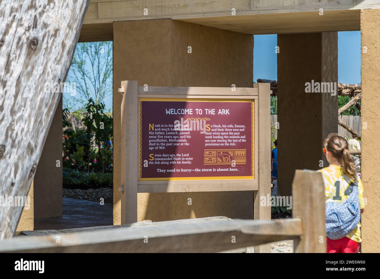Sign outside the Life-size replica of Noah's Ark at the Ark Encounter ...
