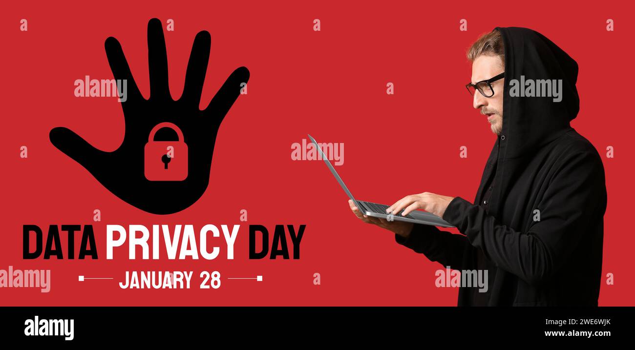 Banner for Data Privacy Day with male hacker holding laptop Stock Photo ...