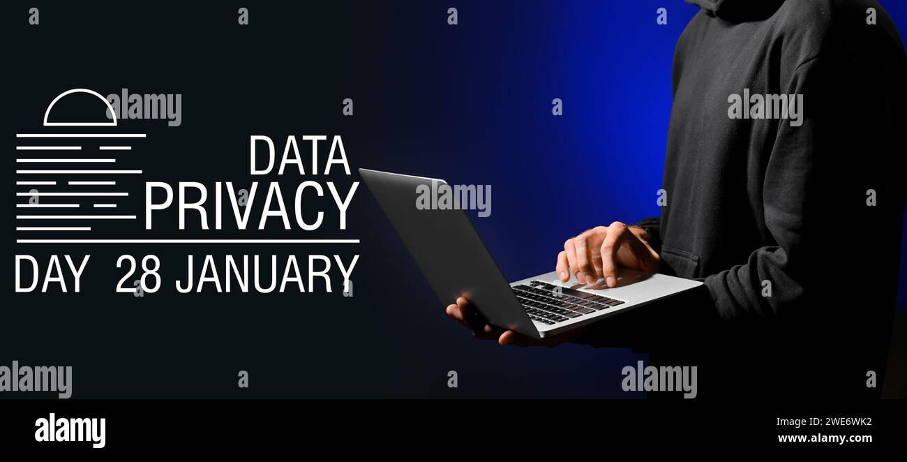 Banner for Data Privacy Day with male hacker holding laptop Stock Photo ...