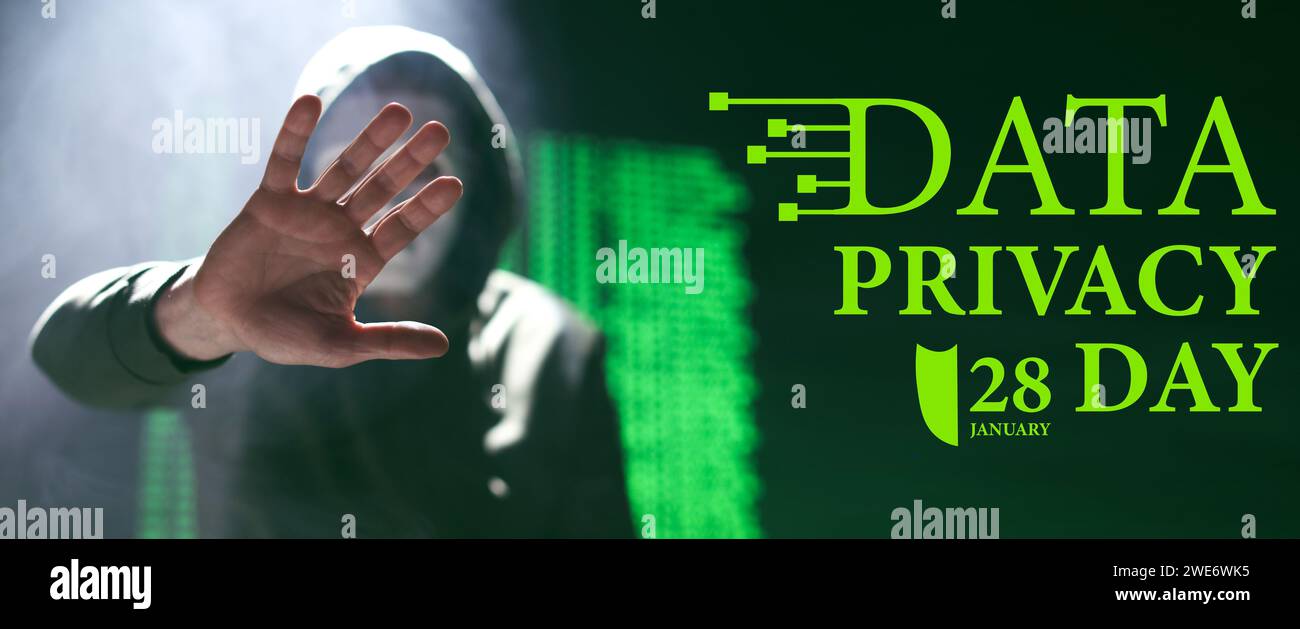 Banner for Data Privacy Day with male hacker hiding his face Stock ...