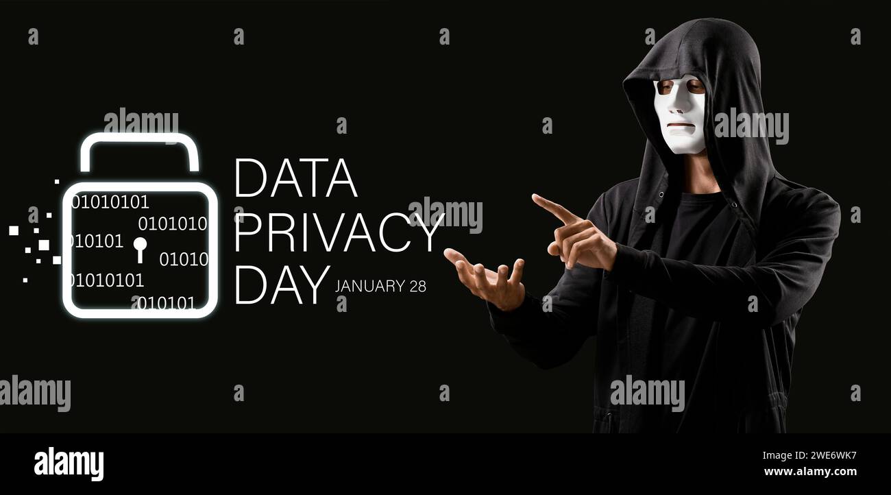Banner for Data Privacy Day with male hacker Stock Photo - Alamy