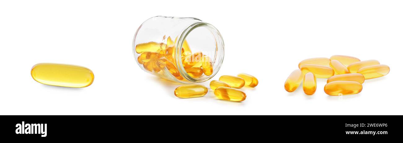 Set of fish oil pills on white background Stock Photo - Alamy