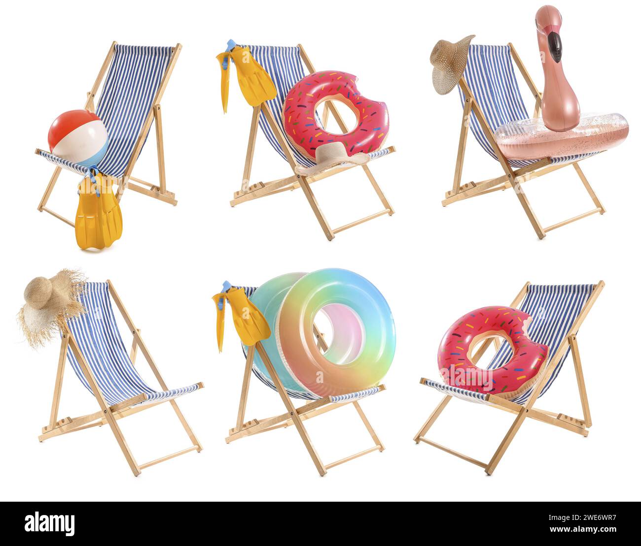 Set of deck chairs with beach accessories on white background Stock ...