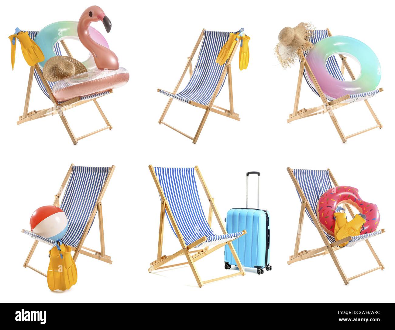 Set of deck chairs with beach accessories on white background Stock ...