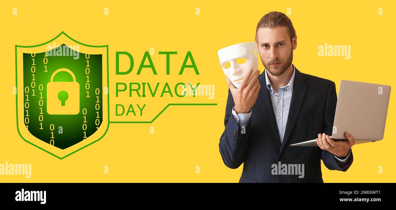 Banner for Data Privacy Day with male hacker holding laptop and mask ...