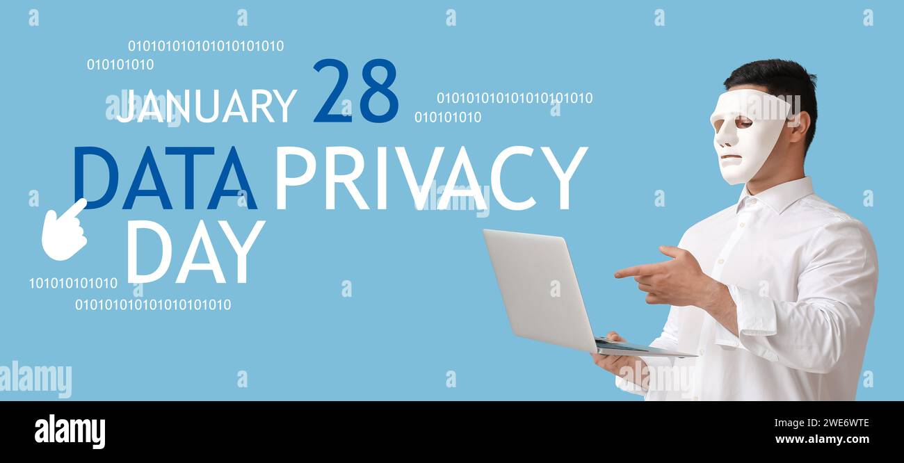 Banner for Data Privacy Day with male hacker holding laptop Stock Photo ...