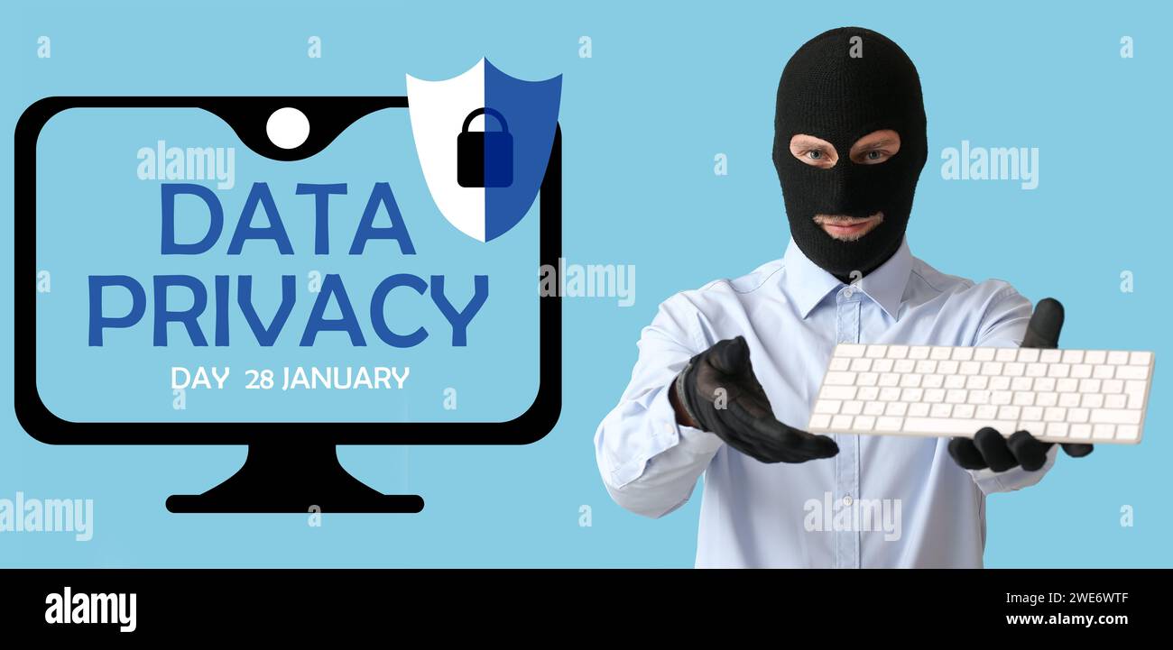 Banner for Data Privacy Day with male hacker holding computer keyboard ...