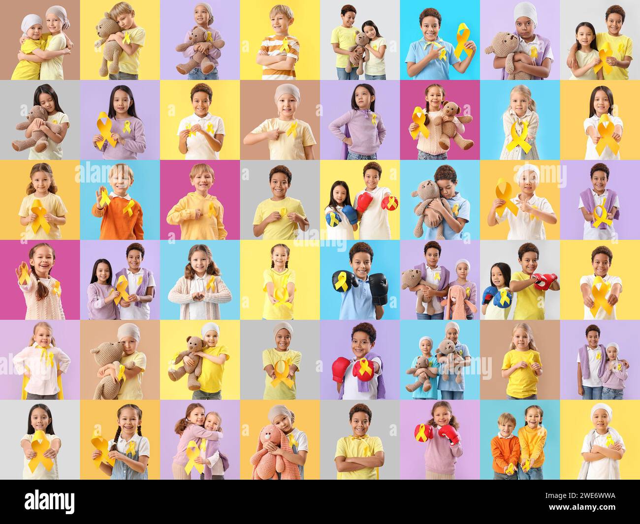Big collage of little children with golden ribbons on color background ...