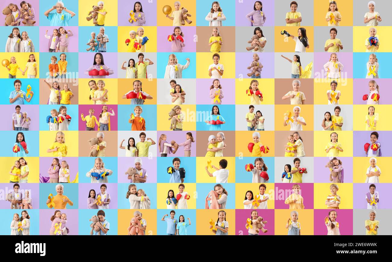 Big collage of little children with golden ribbons on color background ...
