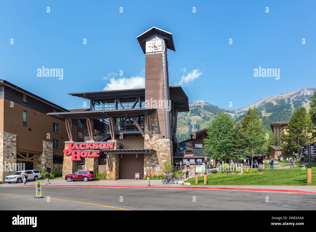 Jackson Hole Aerial Tram station with clock tower in Teton Village ...