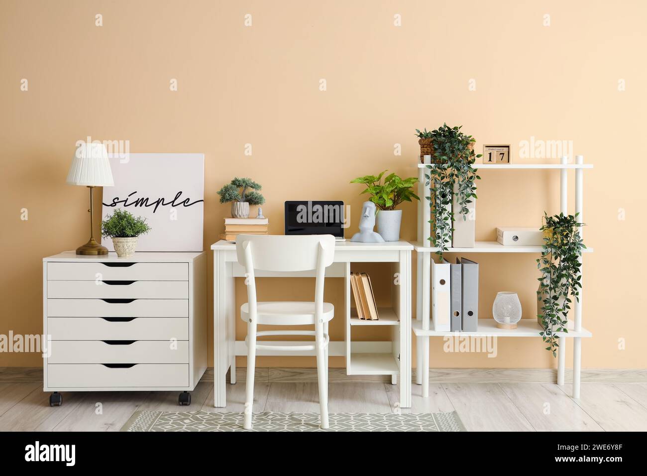Interior of stylish office with workplace, shelf unit and drawers Stock ...