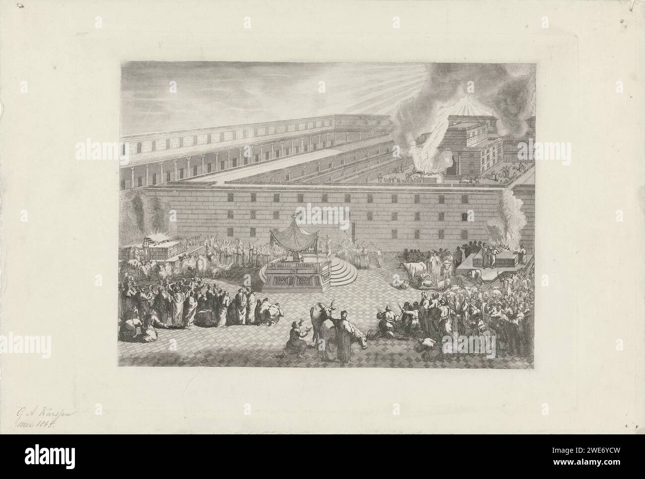 Temple, George Andries Karsen, 1865 print A temple complex with burning ...