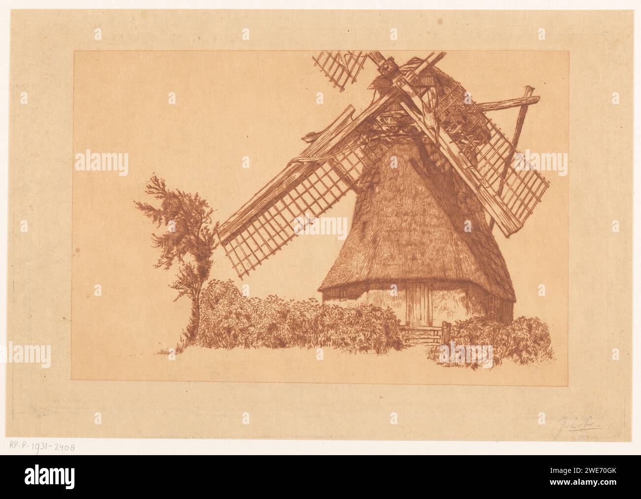 Molen, Johannes Löhr, 1892 - 1928 print The mill is covered with reeds ...