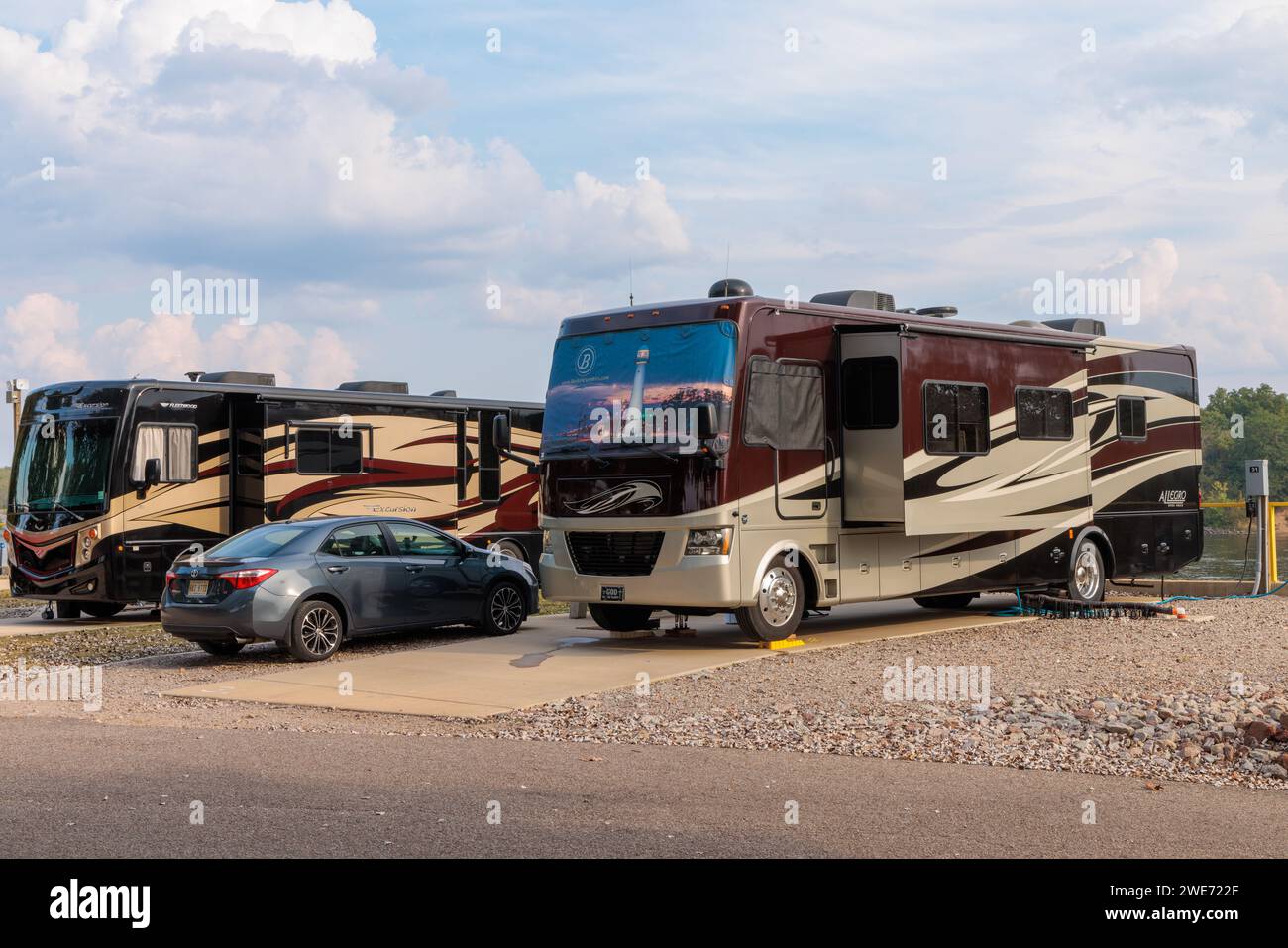 Tiffin Allegro Open Road motorhome in riverfront camp site on the ...