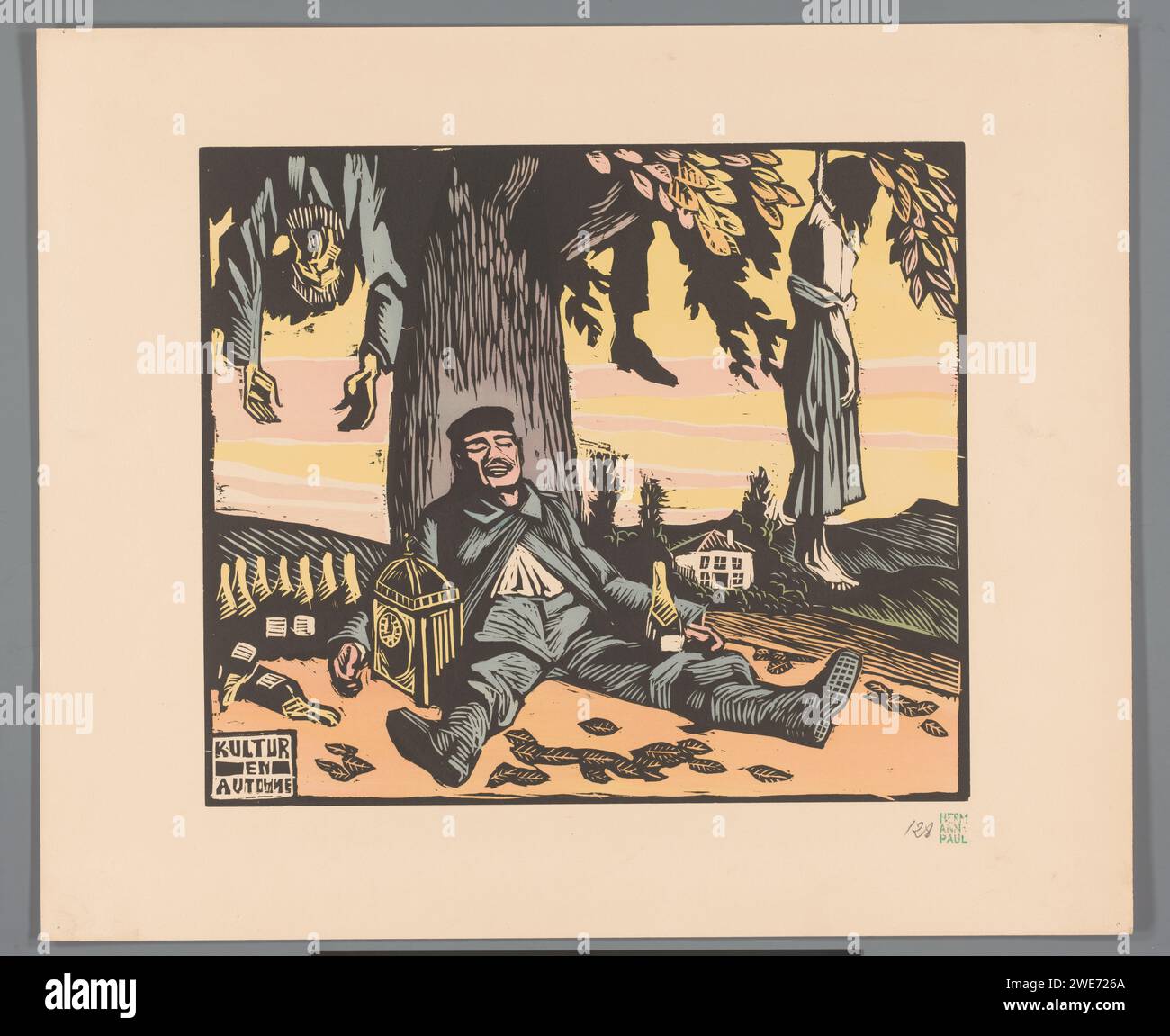 Soldier lying against a tree with hung people, Georges Hermann Rene ...