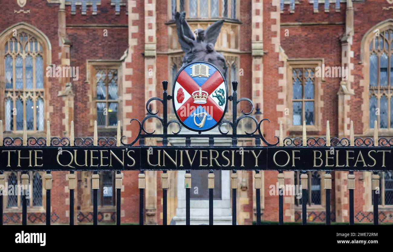 Ornate wrought iron gate with name amd coloured Queen's University crest at Queen's University ...