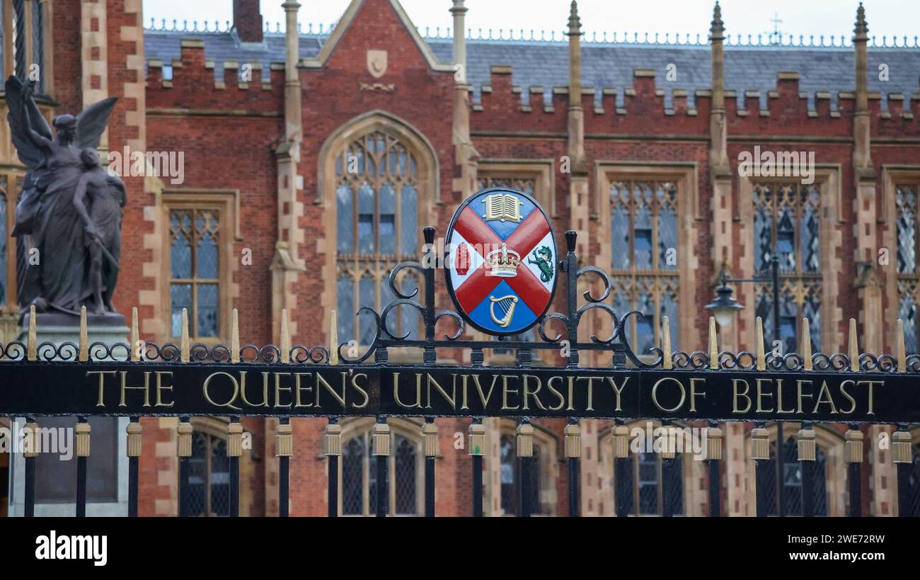 Ornate wrought iron gate with name amd coloured Queen's University coat ...