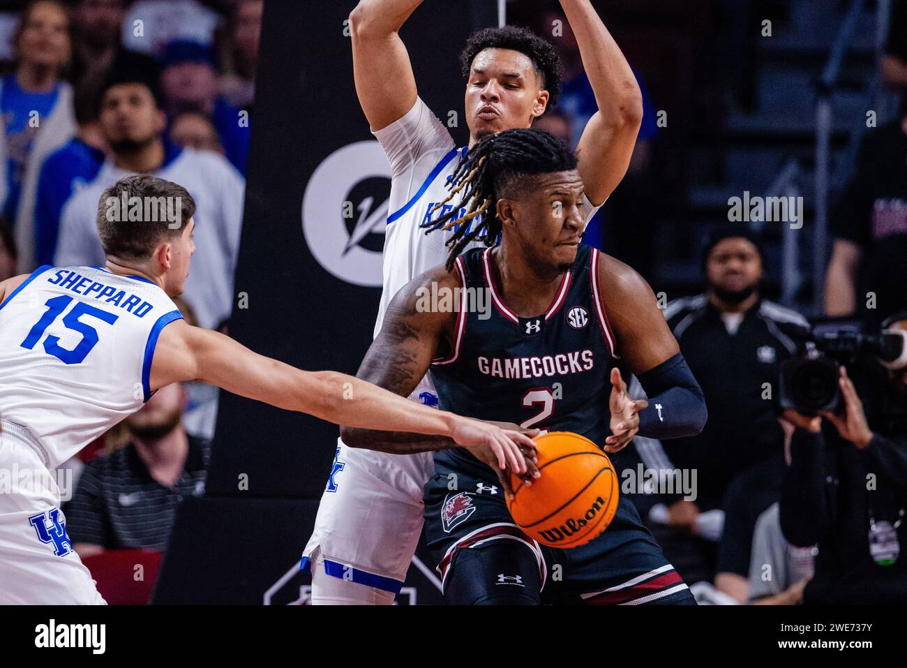 January 23, 2024: Kentucky Wildcats guard Reed Sheppard (15) knocks the ...