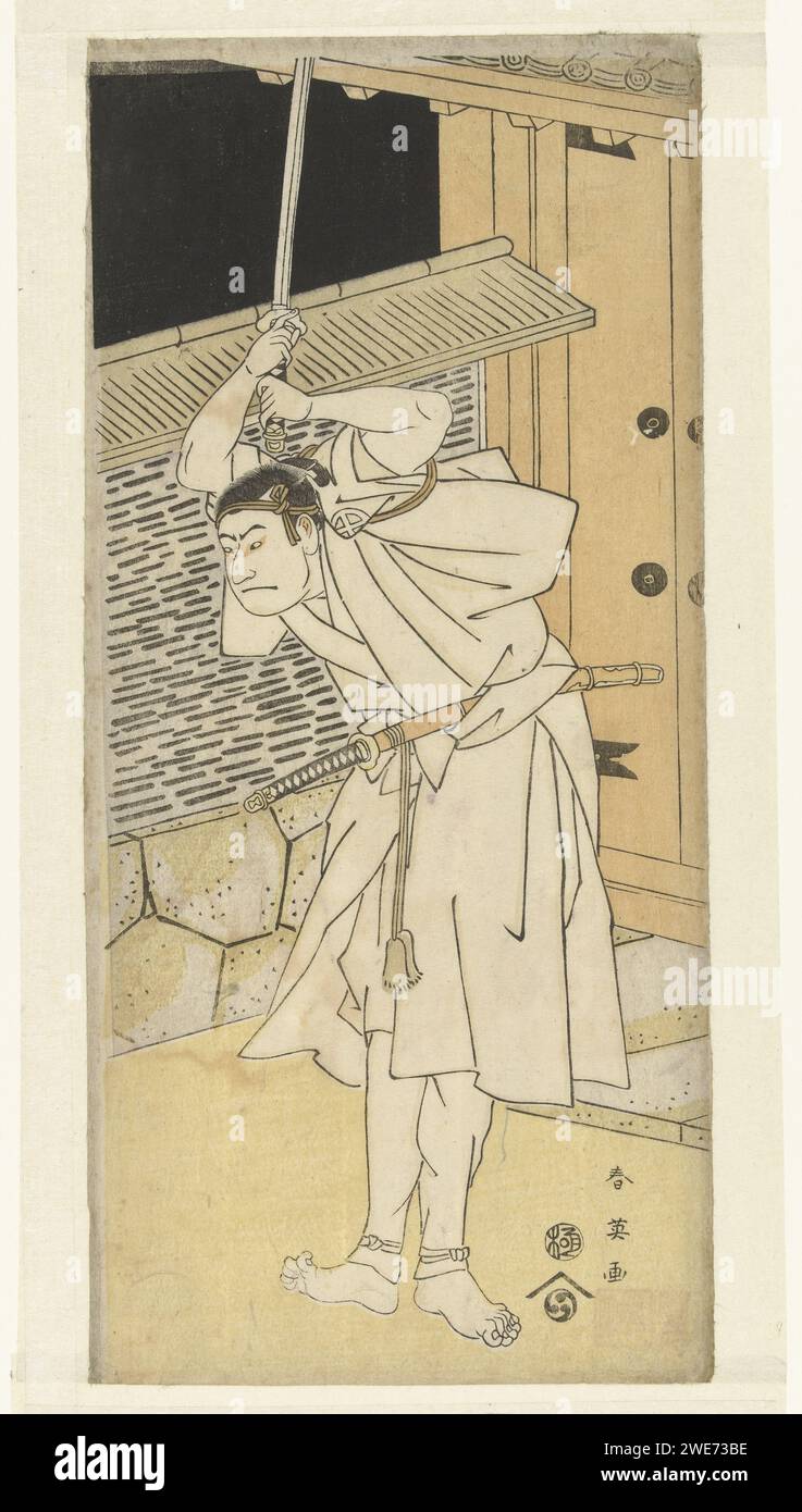 Actor Otani Oniji with raised sword, standing at Poort; at night ...