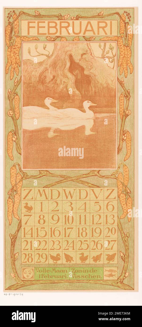 Calendar magazine February with Ducks, Theo Van Hoytema, 1903 print In ...