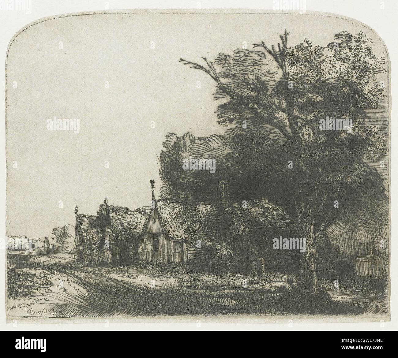 Landscape with three gabled cottages beside a road, Rembrandt van Rijn ...