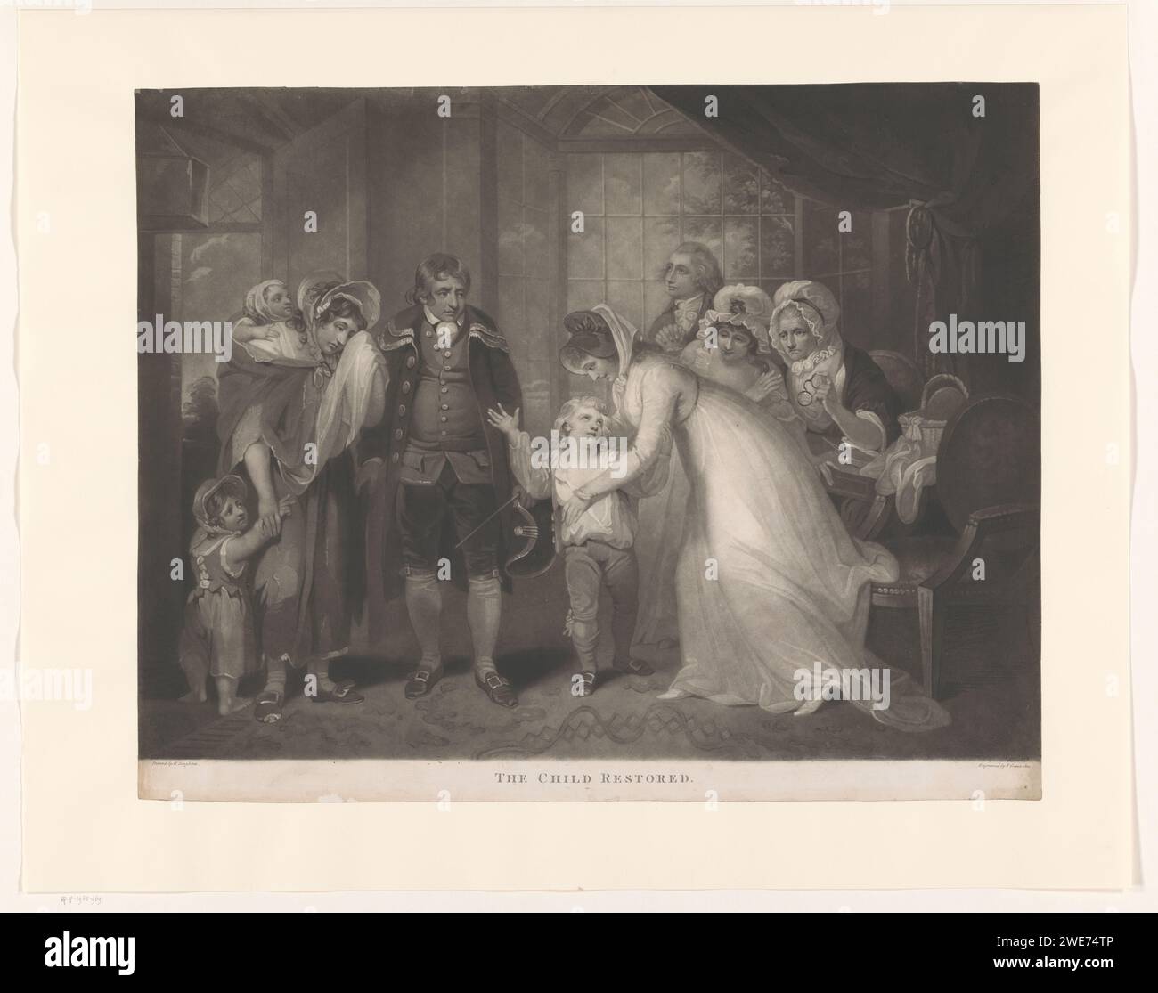 Elegant interior with mother who hugs her back child, F. Green, after ...