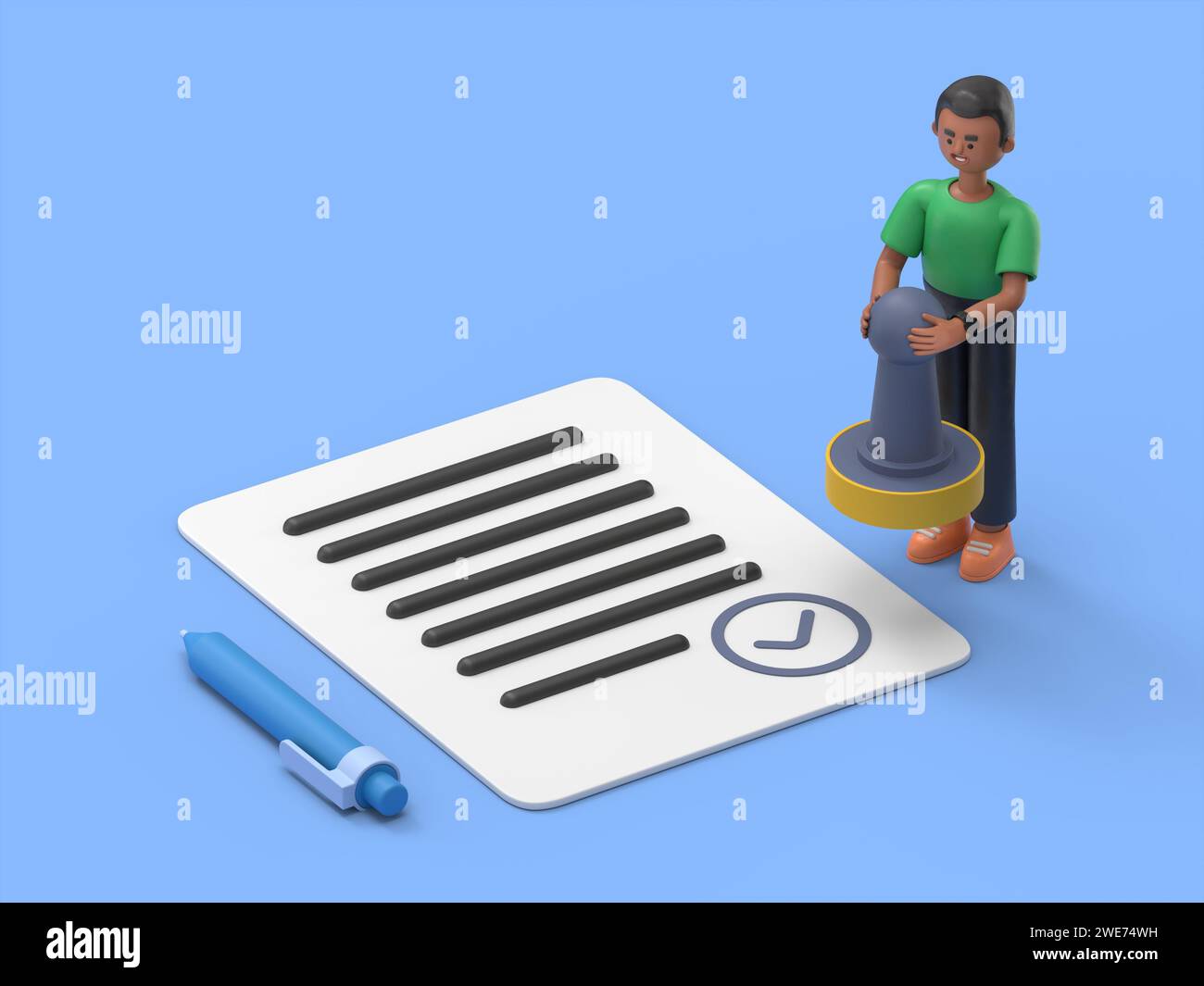 isometric 3D illustration on blue background, document approval,3D ...
