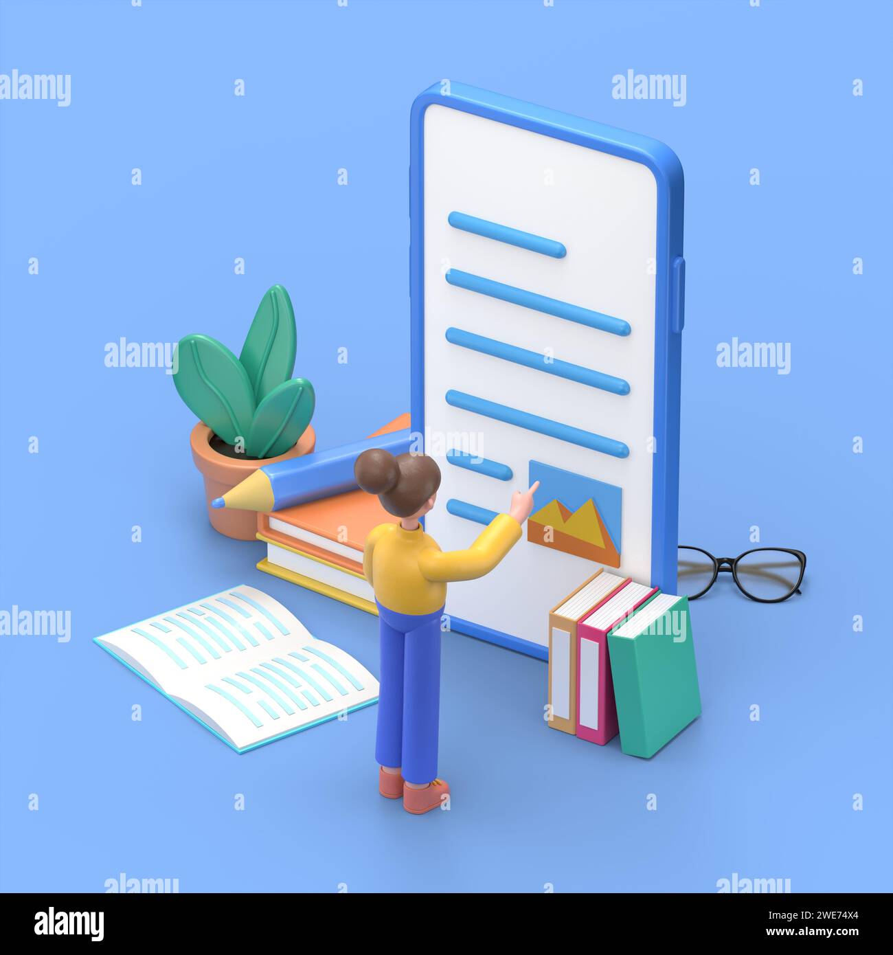 Media book library concept.3D illustration of Asian woman Angela use ...