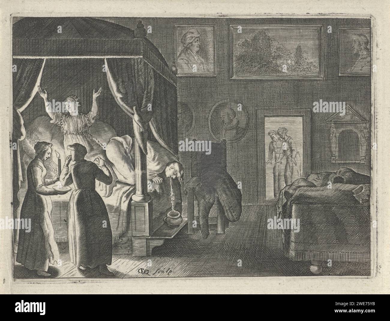 Braking man in bed, Crispijn van den Queborn, 1629 print In a room ...