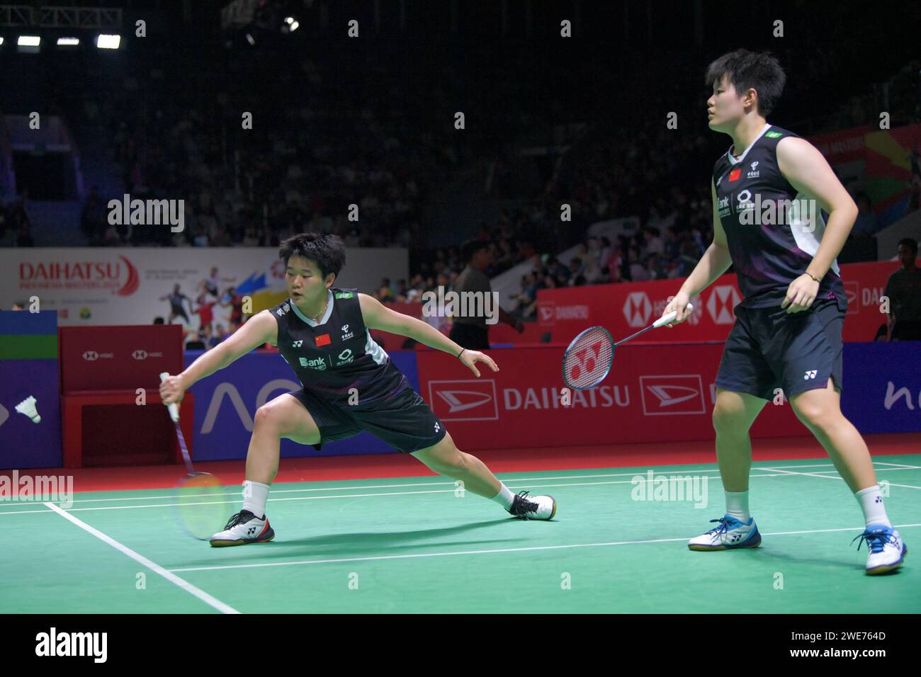 Jakarta, Indonesia. 23rd Jan, 2024. Liu Shengshu/Tan Ning (L) compete during the women's doubles ...