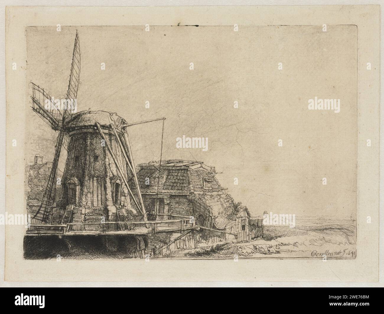 The Windmill, Rembrandt van Rijn, 1641 print paper etching Stock Photo ...
