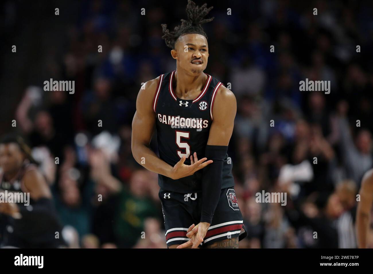 South Carolina guard Meechie Johnson (5) looks at the Kentucky bench ...
