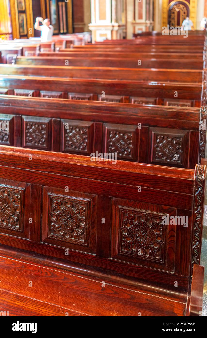 Blurry church interior wooden benches hi-res stock photography and ...