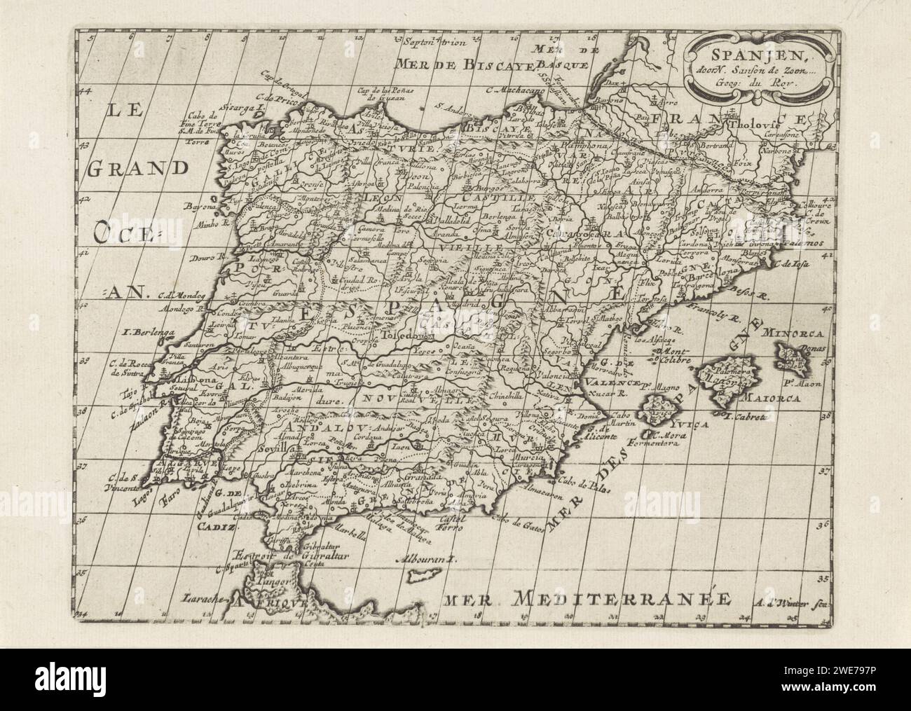 Map of Spain, Anthonie De Winter, 1705 print Map of Spain. At the top ...