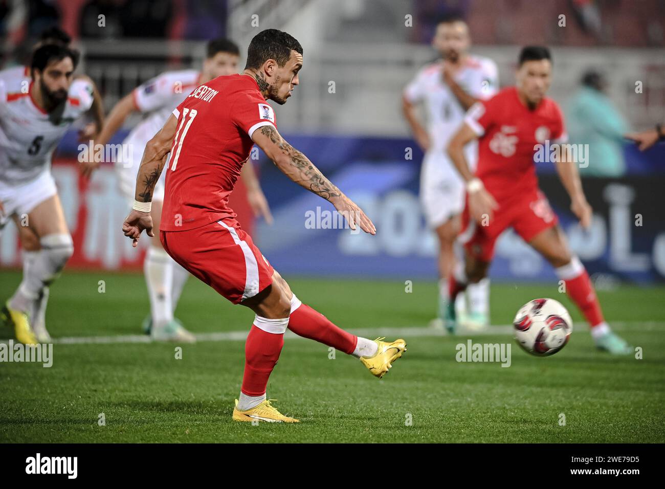 Doha, Qatar. 23rd Jan, 2024. Everton Camargo of China's Hong Kong takes ...