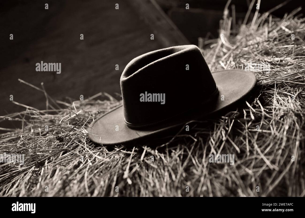 Black and white photo of a cowboy hat on a hay bale in a barn Stock ...