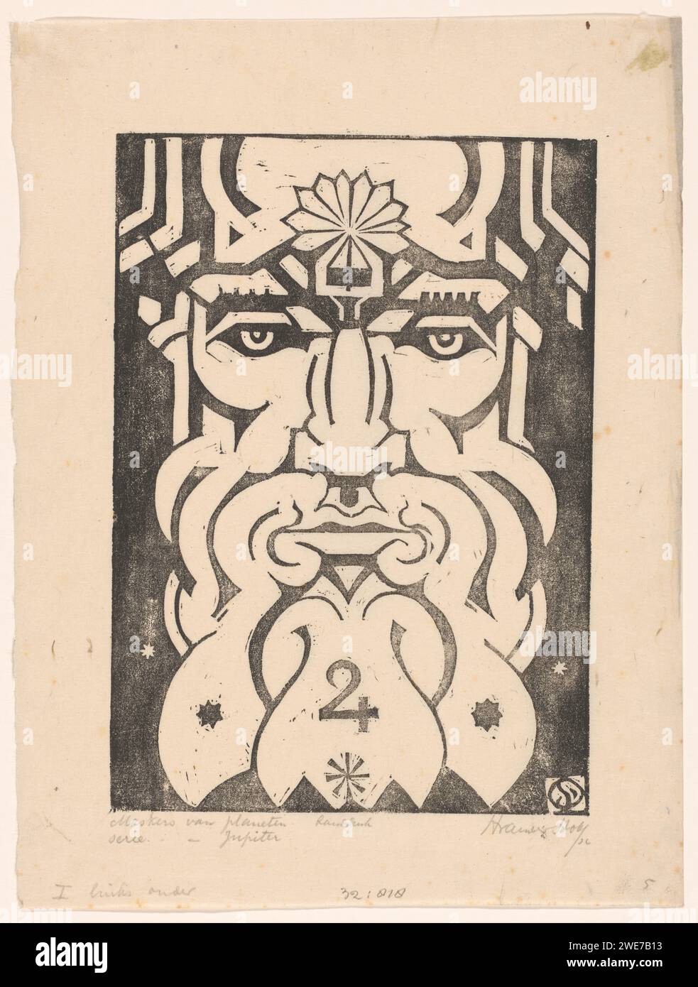 Jupiter, Henri van der Stok, 1880 - 1932 print A mask with a beard. At ...