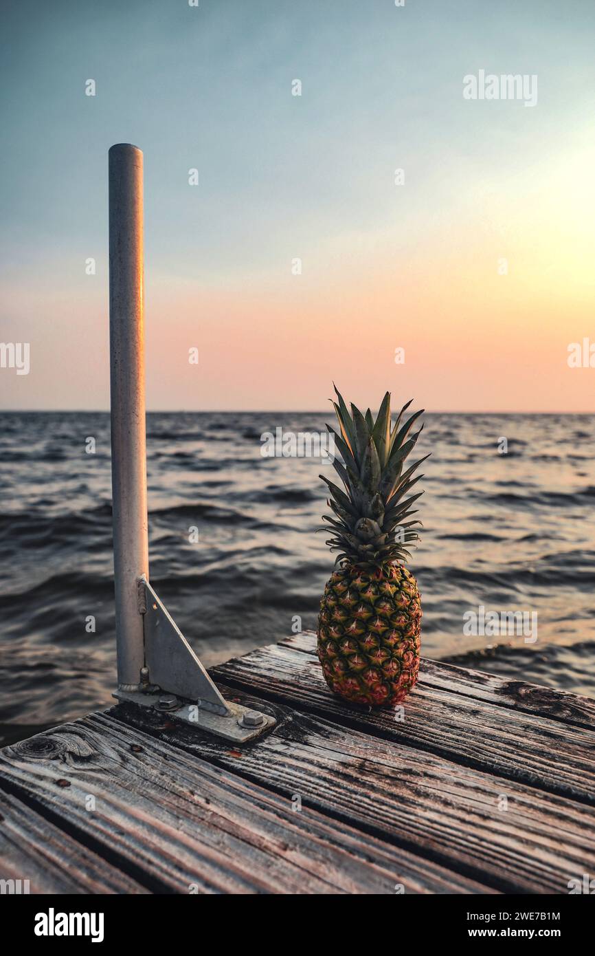 Pineapple sitting on a dock near the ocean waves Stock Photo - Alamy
