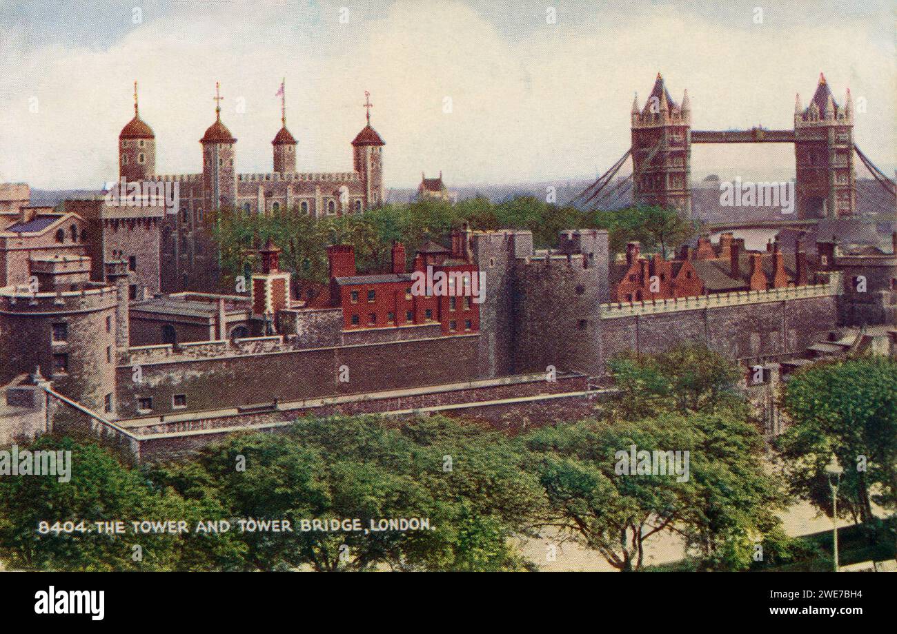 Hand-coloured postcard of the Tower of London and Tower Bridge ...