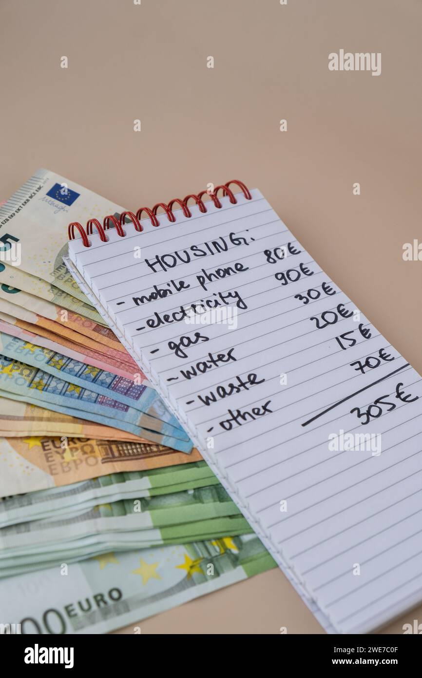 Euro cash money with notebook handwritten housing expenses. Counting ...