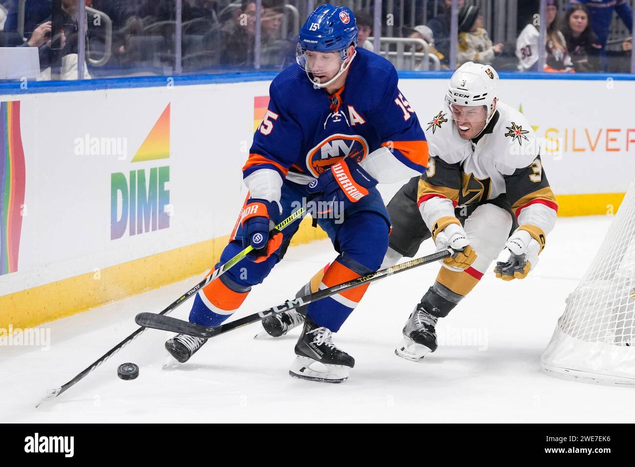 Vegas Golden Knights' Brayden McNabb (3) fights for control of the puck ...