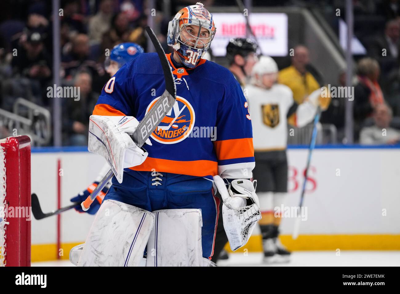 New York Islanders goaltender Ilya Sorokin (30) reacts after Vegas ...